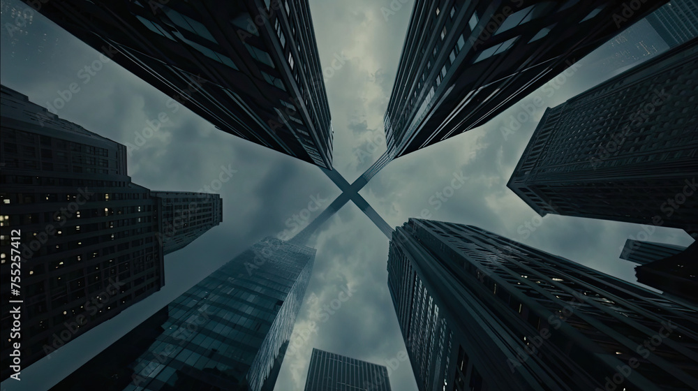 Upward view of towering skyscrapers converging under a gloomy sky ...