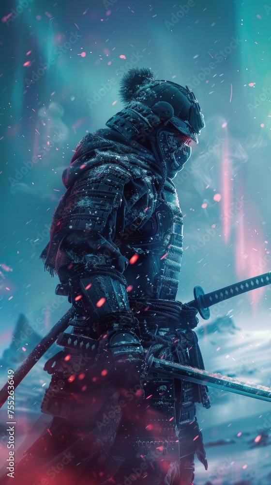Cyborg warrior in ancient ninja garb, facing snowstorm under aurora ...