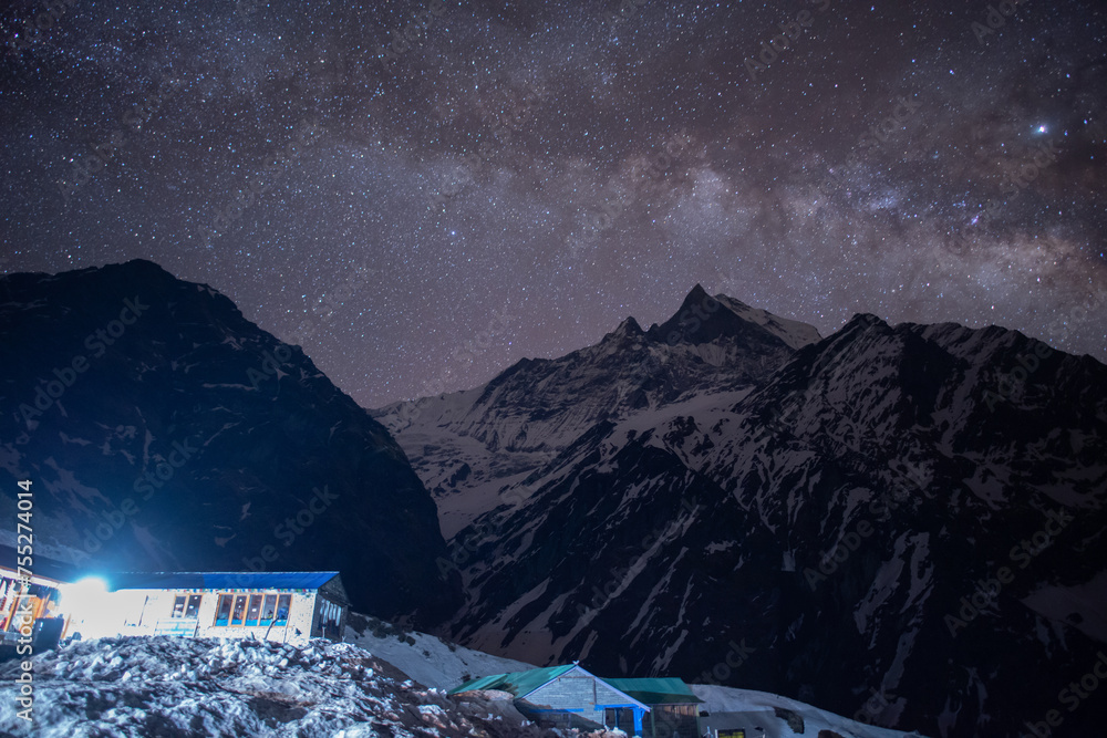 Night view of Machhapuchhre mountain with beautiful milkyway seen from ...