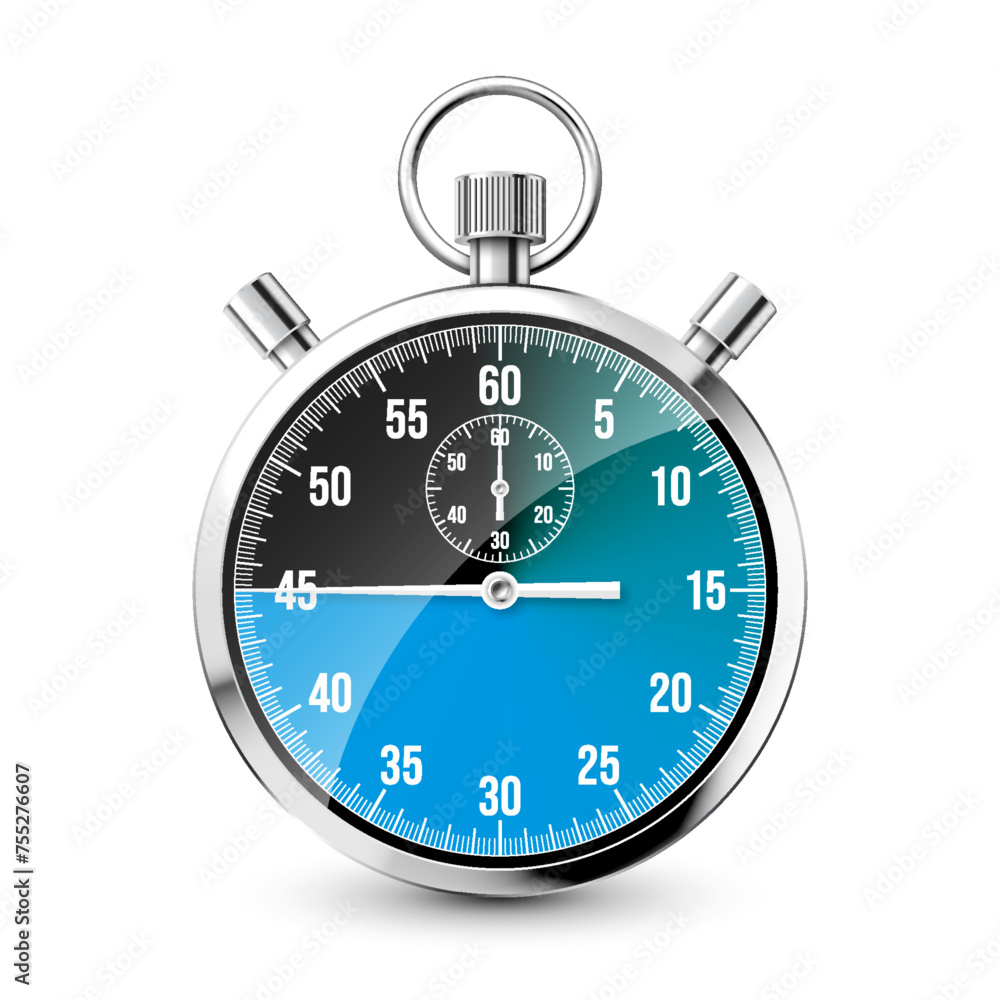 Realistic classic stopwatch. Shiny metal chronometer, time counter with ...