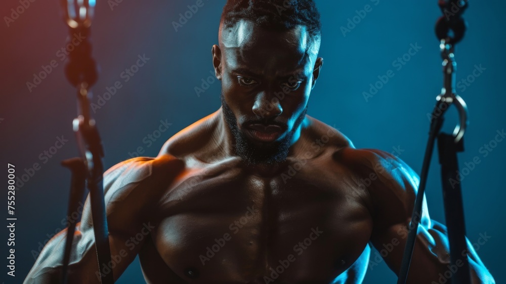 Ripped bodybuilder with gym equipment in the dark - A powerful and ...