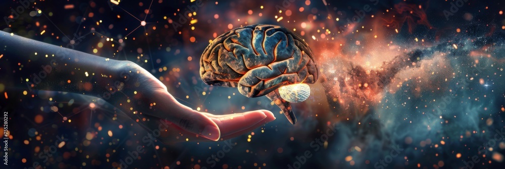 Surreal human hand holding a brain with light - An artistic ...