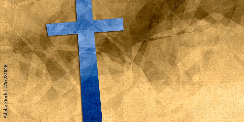 blue Christian cross with slight shadow on tan and brown background ...