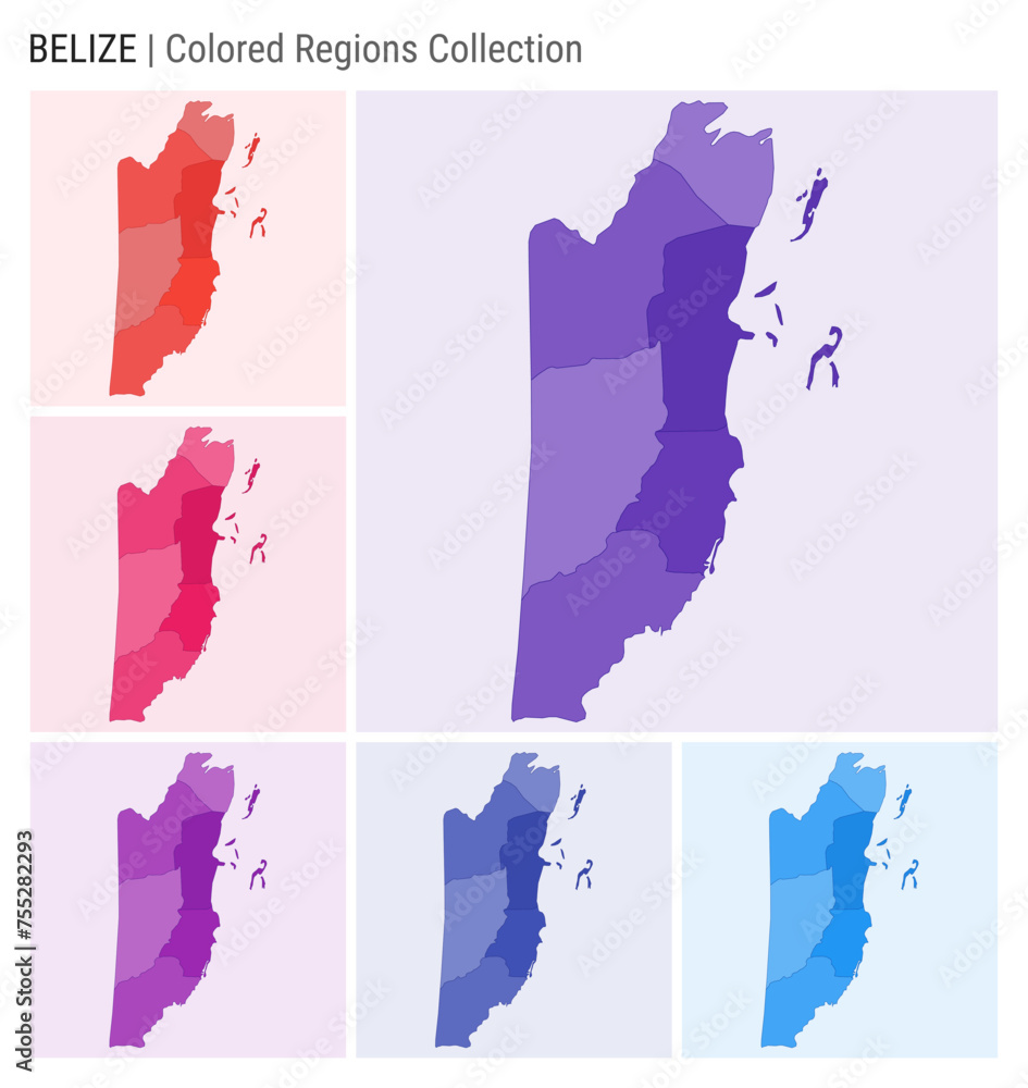 Belize map collection. Country shape with colored regions. Deep Purple ...