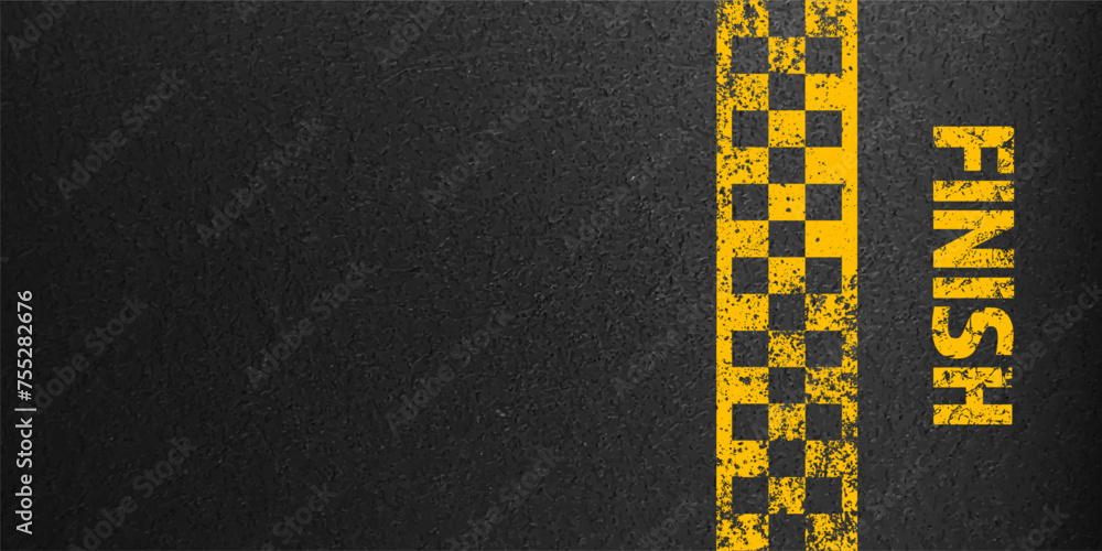 Asphalt road with yellow finish line marking, concrete highway surface ...