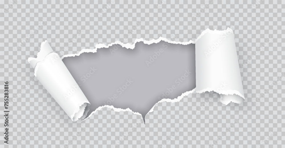 Ripped up paper over grey realistic vector illustration. Torn page with ...