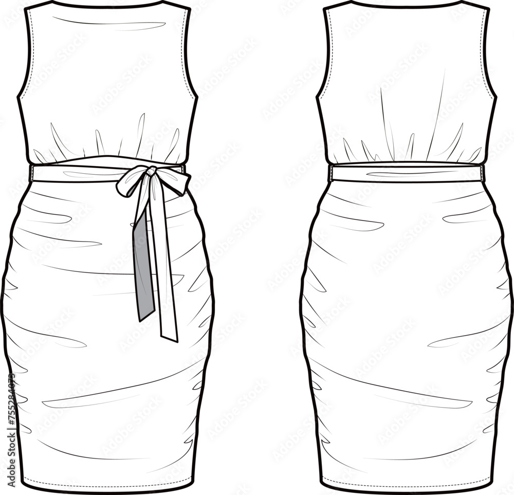 Technical flat sketch of Boat neck bodycon mini dress. Sleeveless dress ...