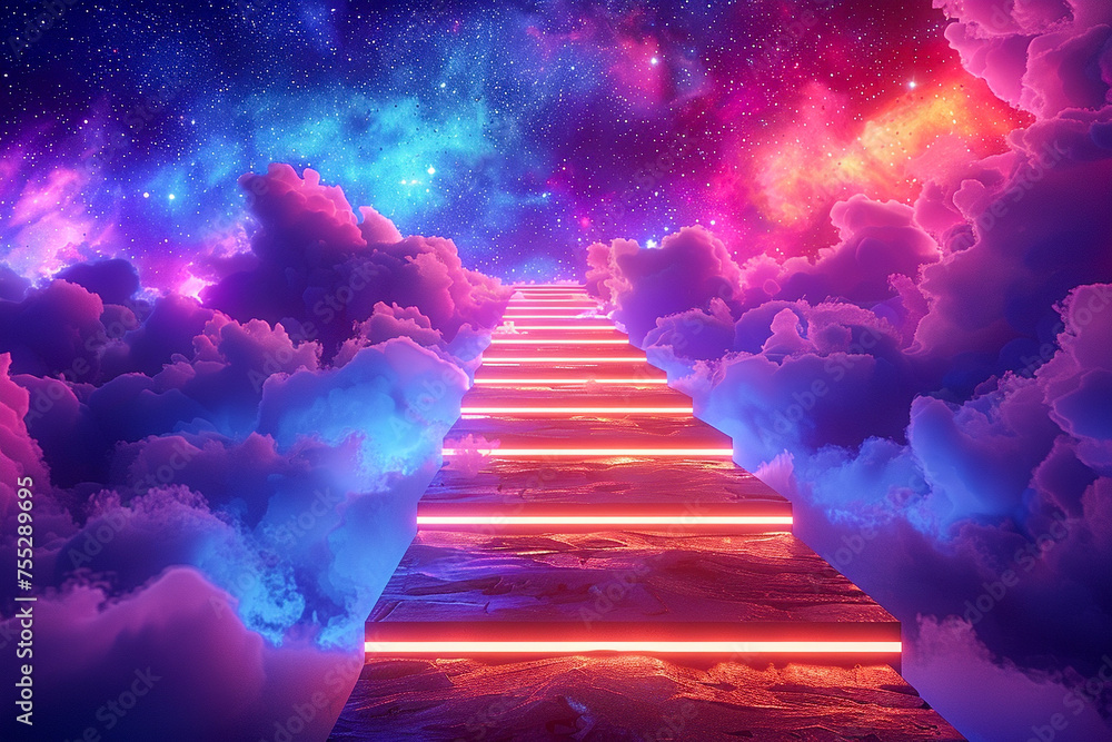 Floating neon 3D blocks creating a pathway in a virtual space leading ...