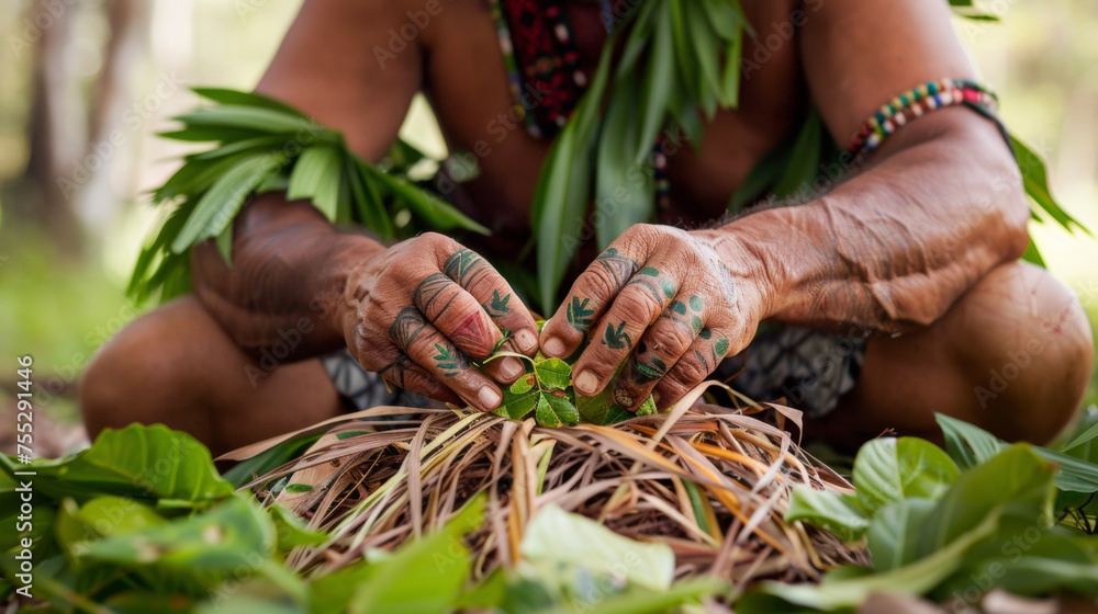 Delicate hands of an indigenous man carefully weave together leaves and ...