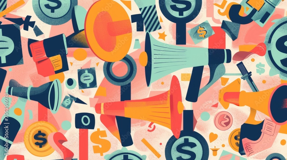 A colorful and dynamic illustration filled with marketing and financial ...