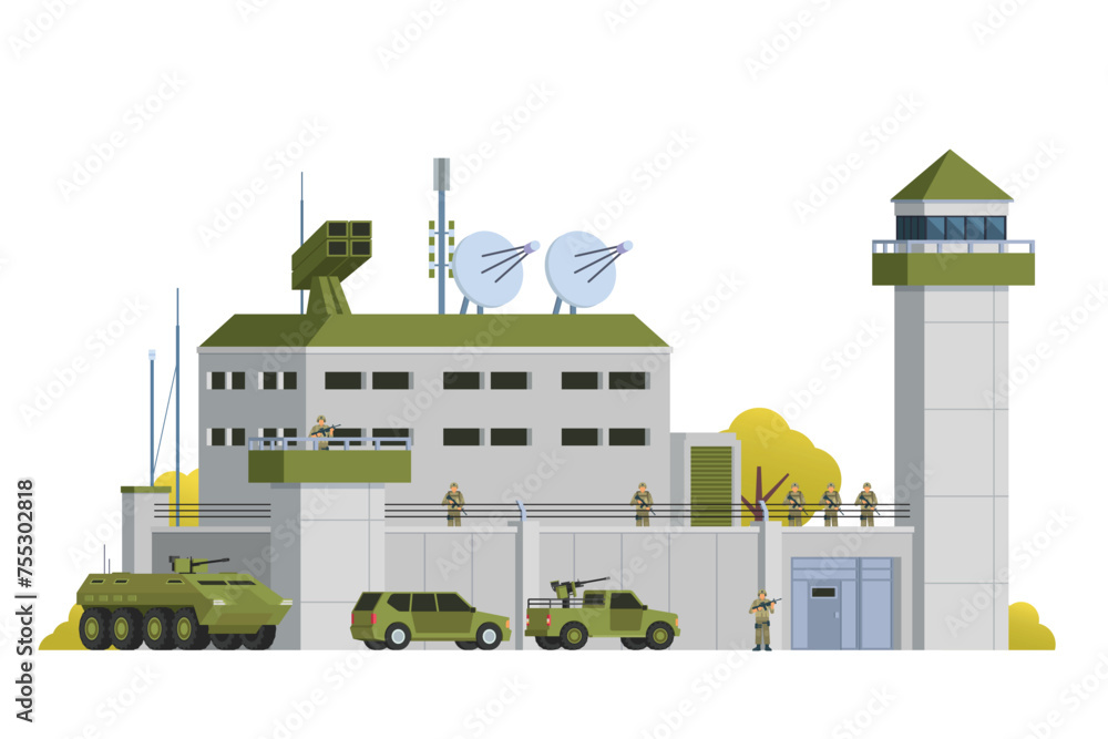 Vector military base building and vehicle or infographic elements ...