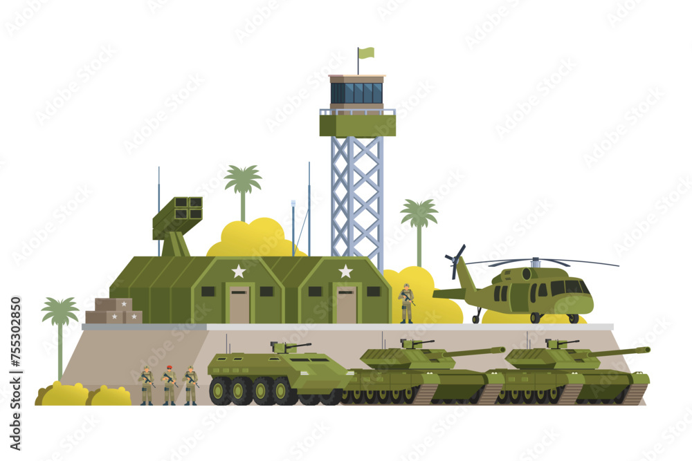 Vector military base building and vehicle or infographic elements ...