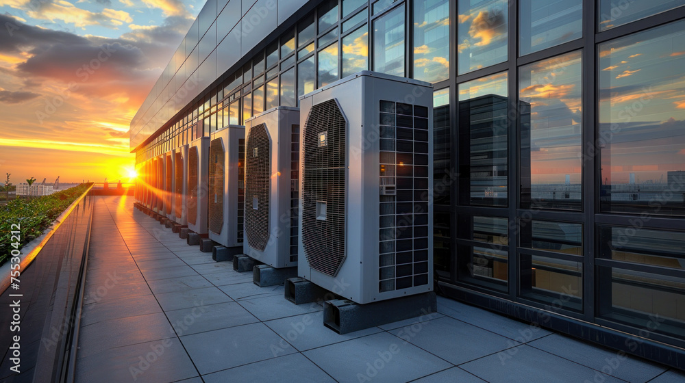 Air condenser unit located on roof deck building to heat released ...