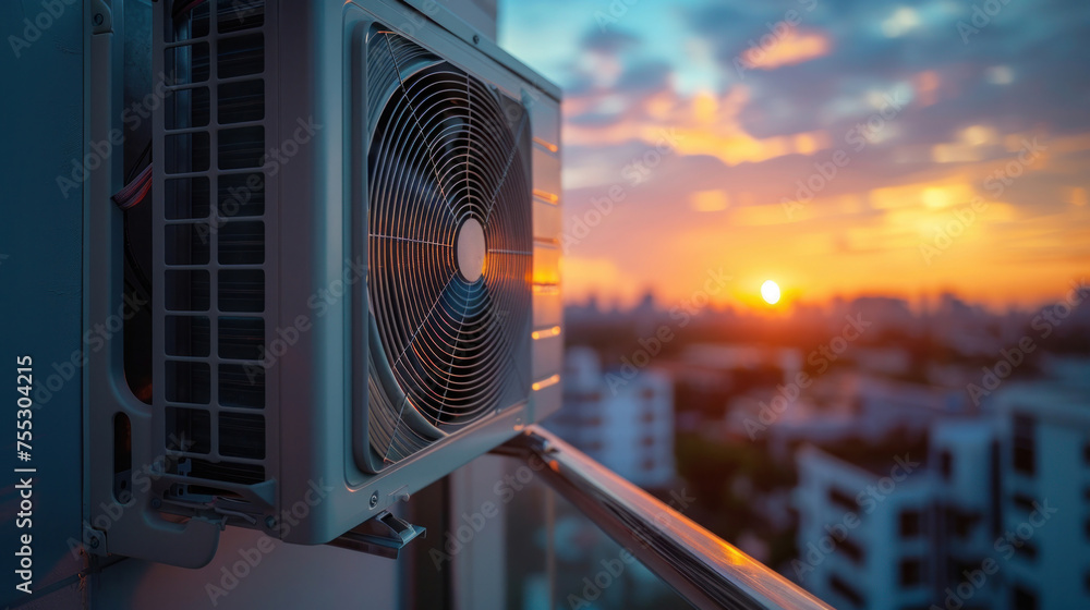Air condenser unit located on roof deck building to heat released ...
