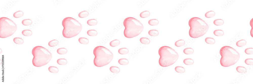Paw print Border. Watercolor illustration of pink cat or dog footprint ...
