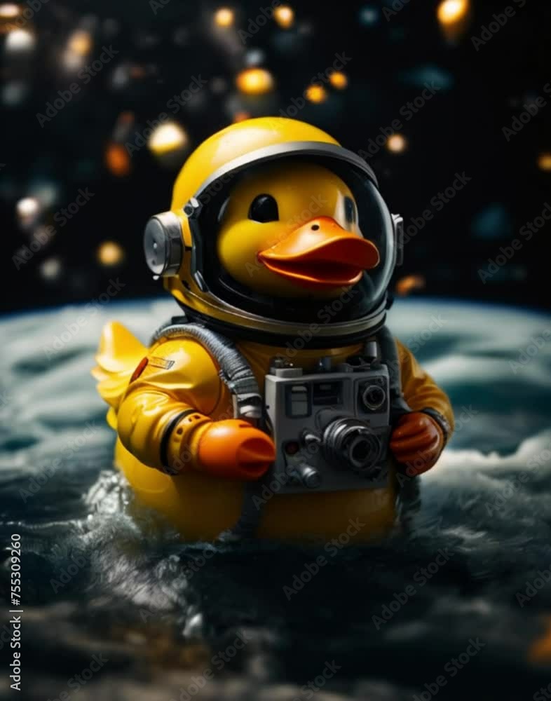 happy cute duck wearing astronaut suit, helmet floating and swimming on ...
