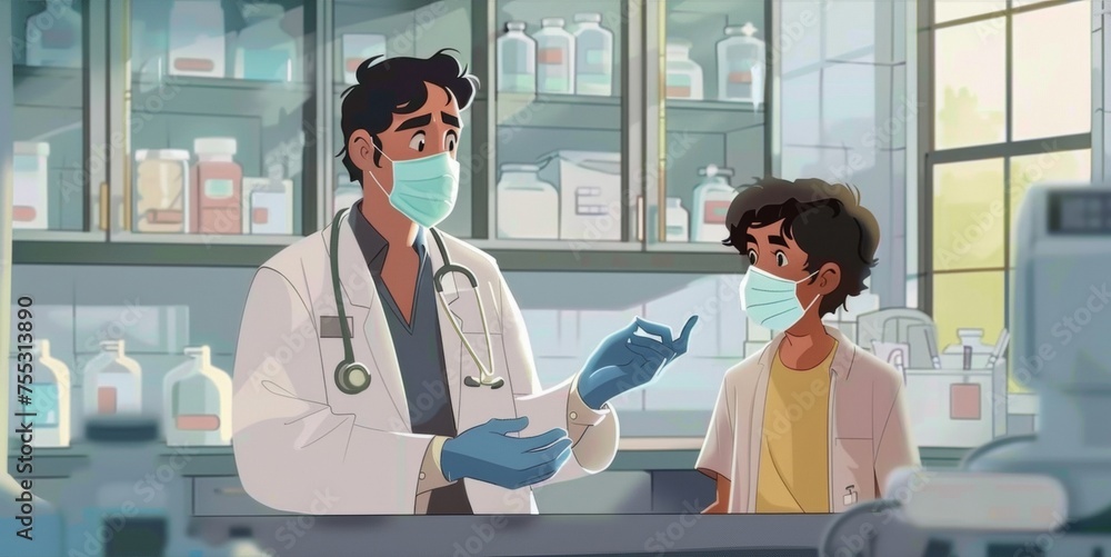 An animated sequence shows a doctor wearing gloves a mask and a lab ...