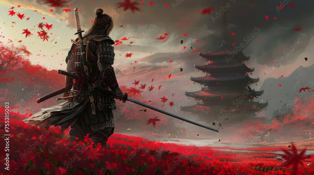 a epic samurai with a weapon sword standing in front of a old japanese ...