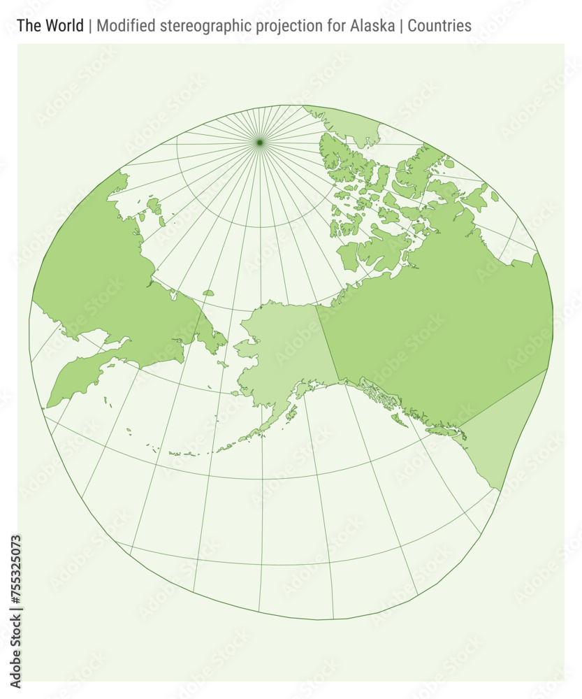 World Map Modified Stereographic Projection For Alaska Countries Style High Detail World Map