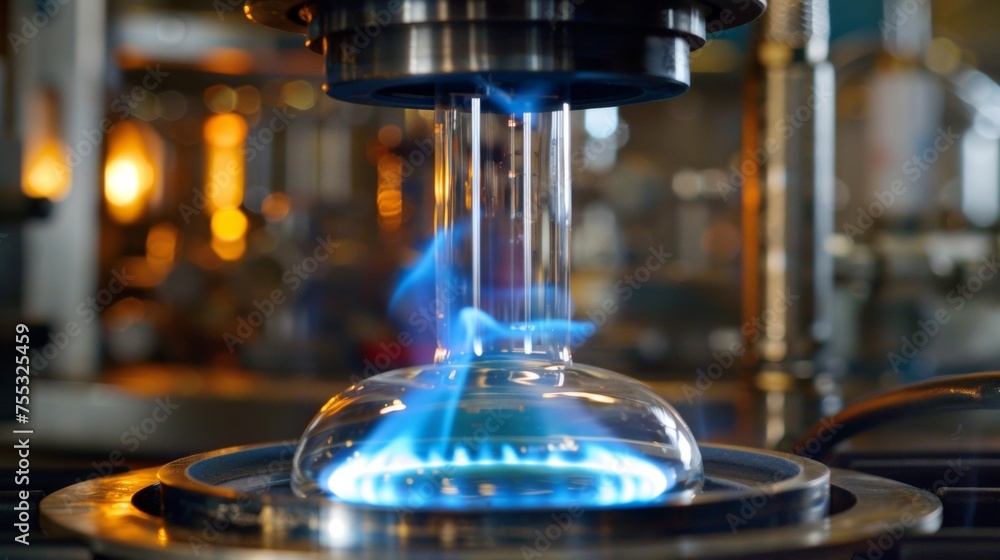 A closeup of a Bunsen burner its blue flame dancing under a ...