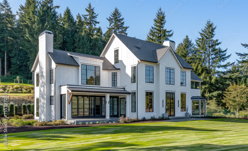 white modern farmhouse with black accents, nestled in the Pacific ...