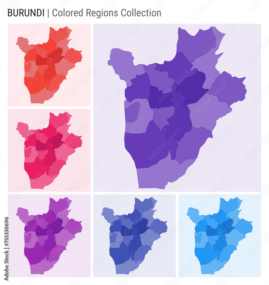 Burundi map collection. Country shape with colored regions. Deep Purple ...