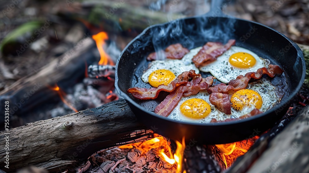 Camping breakfast with bacon and eggs in a cast iron skillet. Fried ...