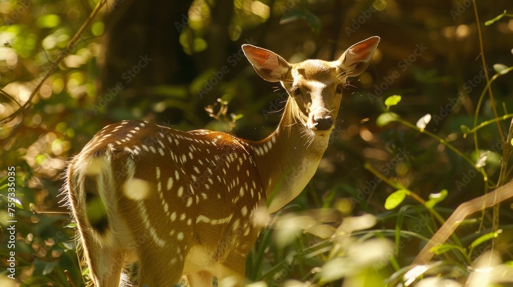Glimpses of spotted deer their white spots blending into the dappled ...