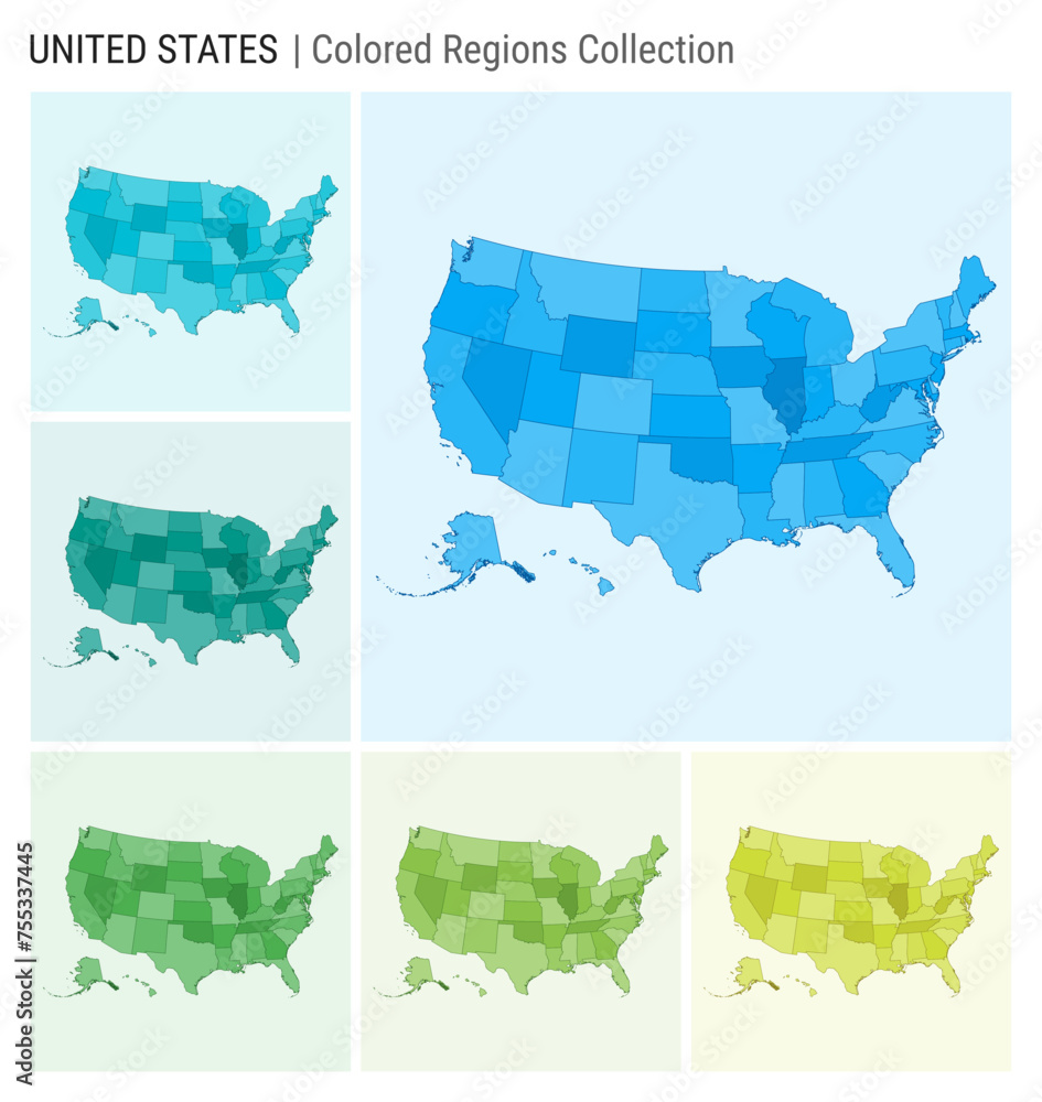 USA map collection. Country shape with colored regions. Light Blue ...