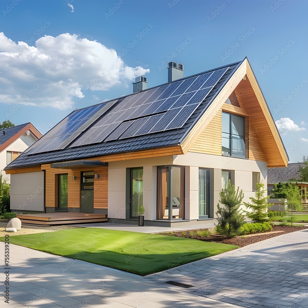 Exterior view of a modern suburban house with a photovoltaic system on ...