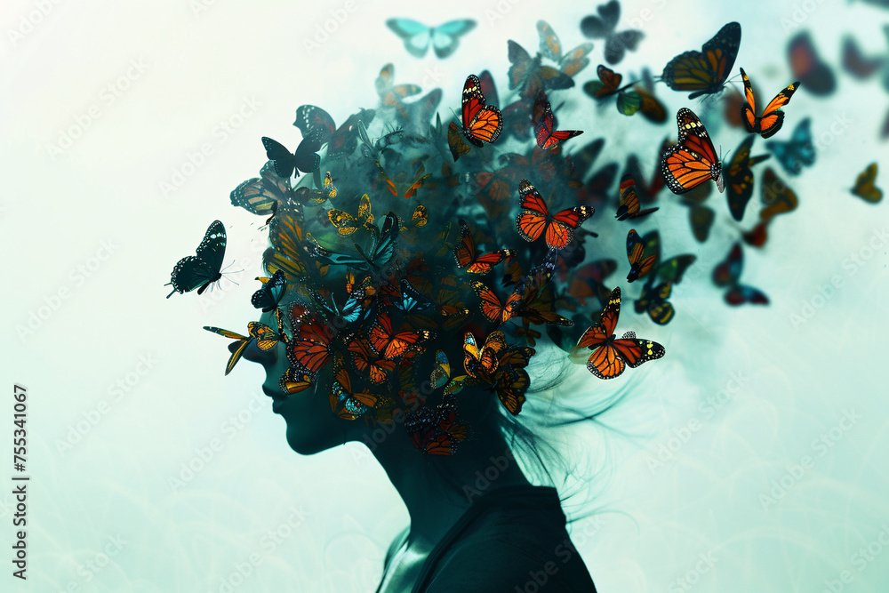 Abstract visualization of a human silhouette breaking into a swarm of ...