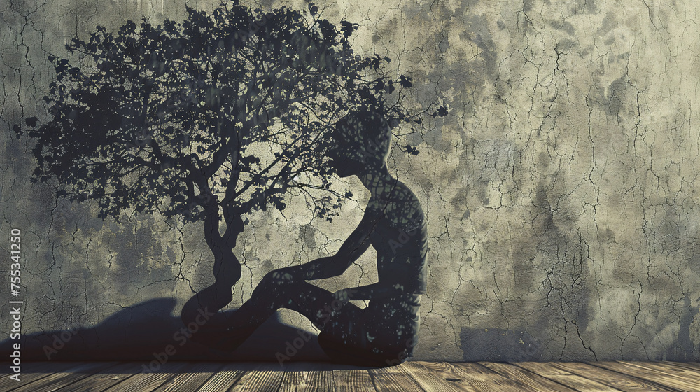 Conceptual portrayal of a figure sitting in contemplation, casting a ...