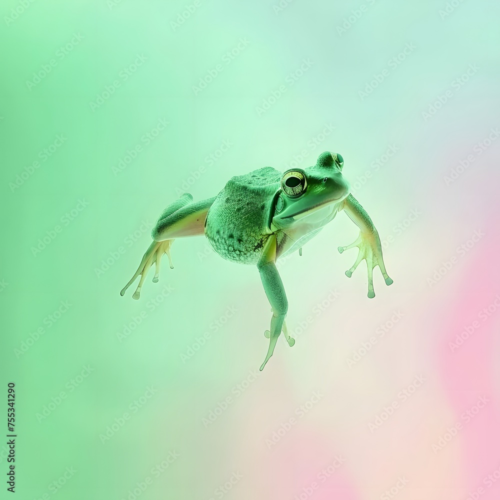 Colorful exotic frog leaping on a pastel gradient backdrop, symbolizing ...