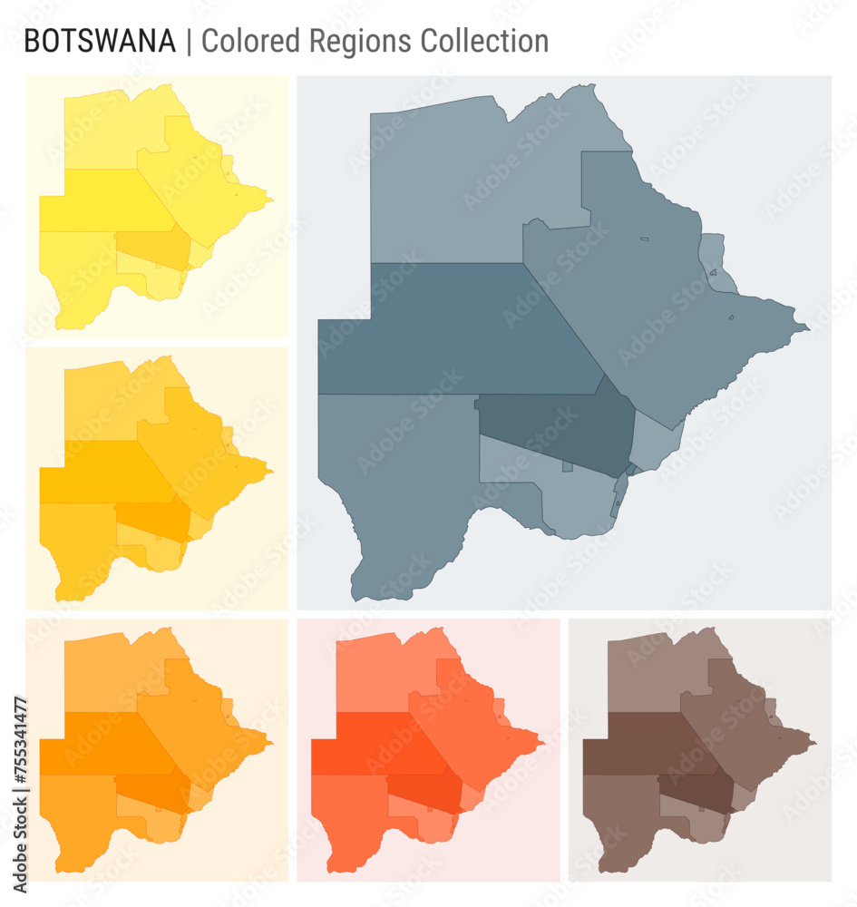Botswana map collection. Country shape with colored regions. Blue Grey ...