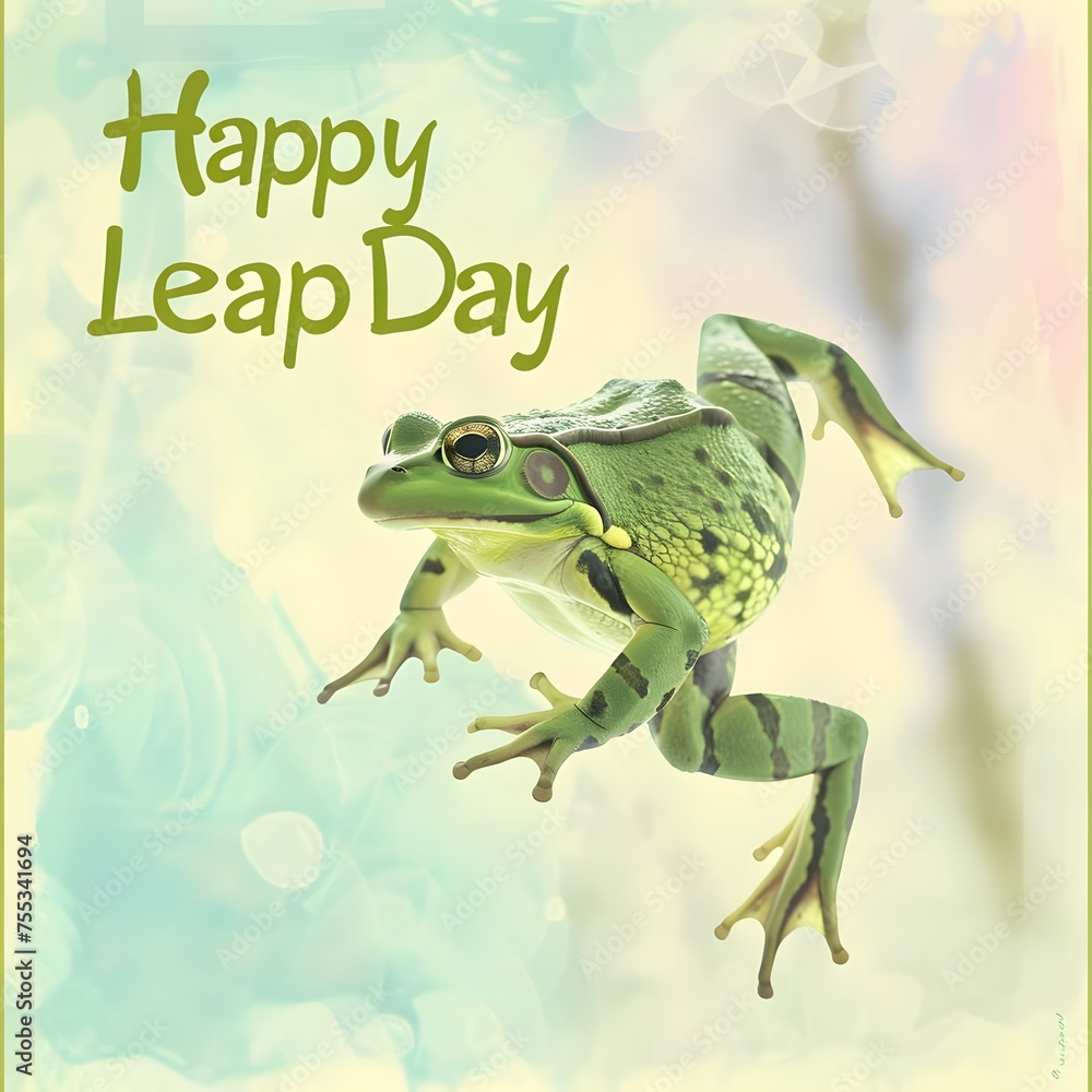 Cheerful green frog leaping on a pastel background with "Happy Leap Day ...