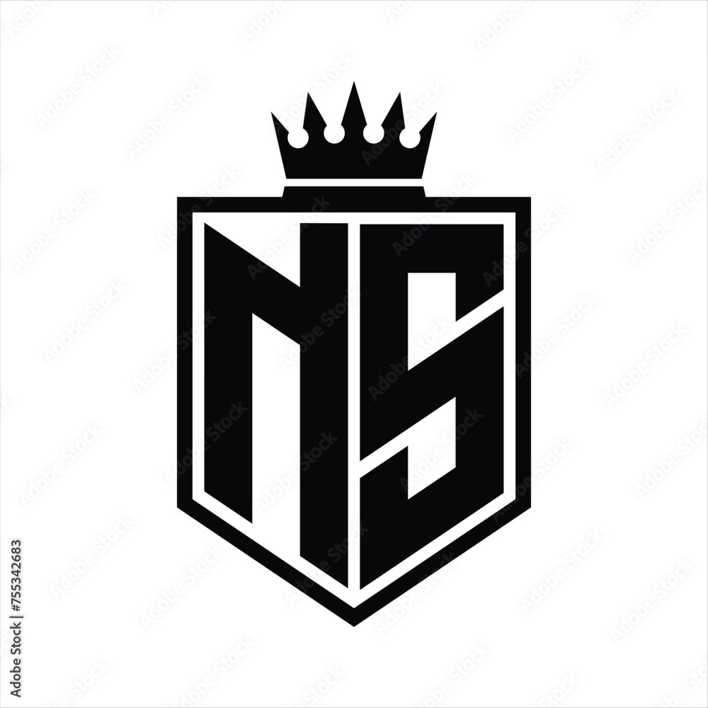NS Logo monogram bold shield geometric shape with crown outline black ...