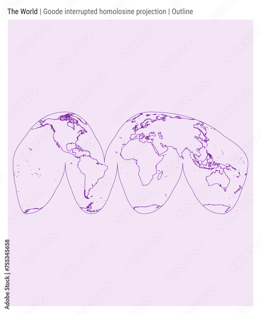 World Map. Goode interrupted homolosine projection. Outline style. High ...