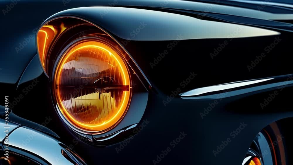 The deep amber glow of a single circular headlight on a 1950s vehicle ...