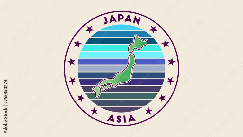 Japan intro video. Badge with the circular name and map of the country ...
