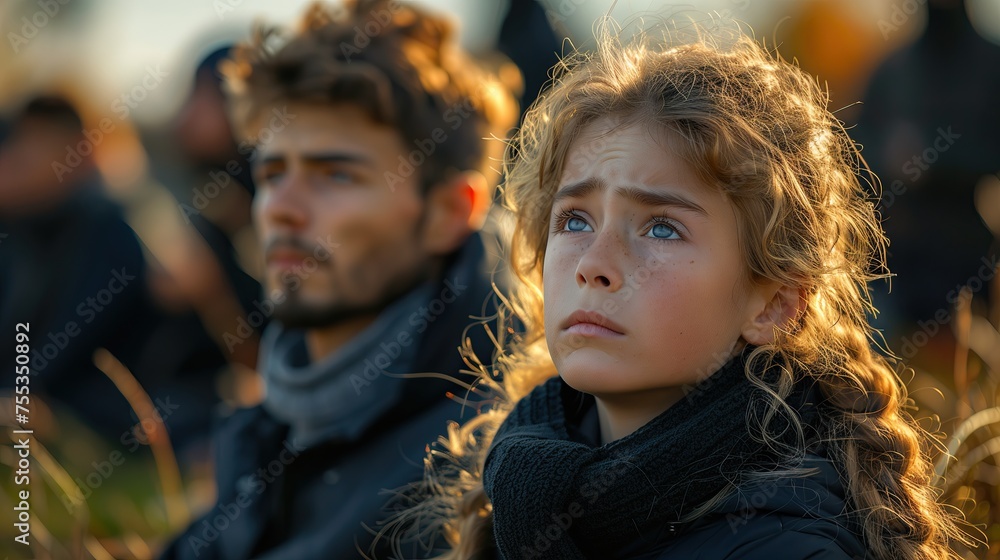 Sad child and family At a funeral at an outdoor cemetery ceremony at a ...