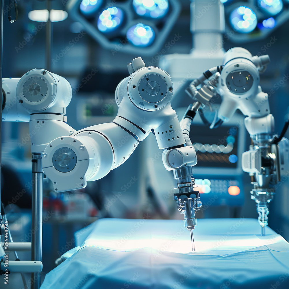 In a state-of-the-art operating room, a precise robotic arm is being ...