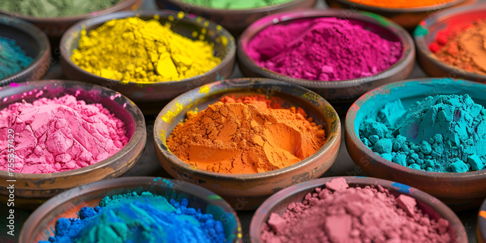 Top views of colorful traditional Holi powder in bowl, Holi powders in ...