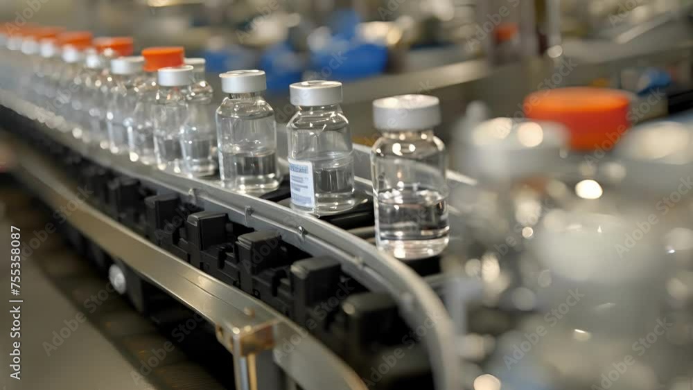 A conveyor belt carries vials of diagnostic reagents through a series ...
