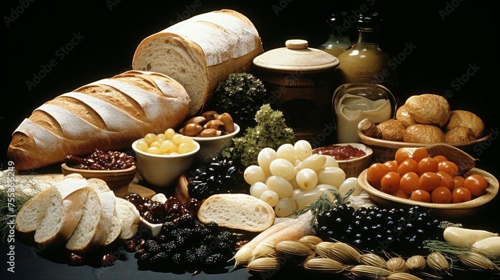 Traditional still life inspired by old dutch masters with wine, fruit ...