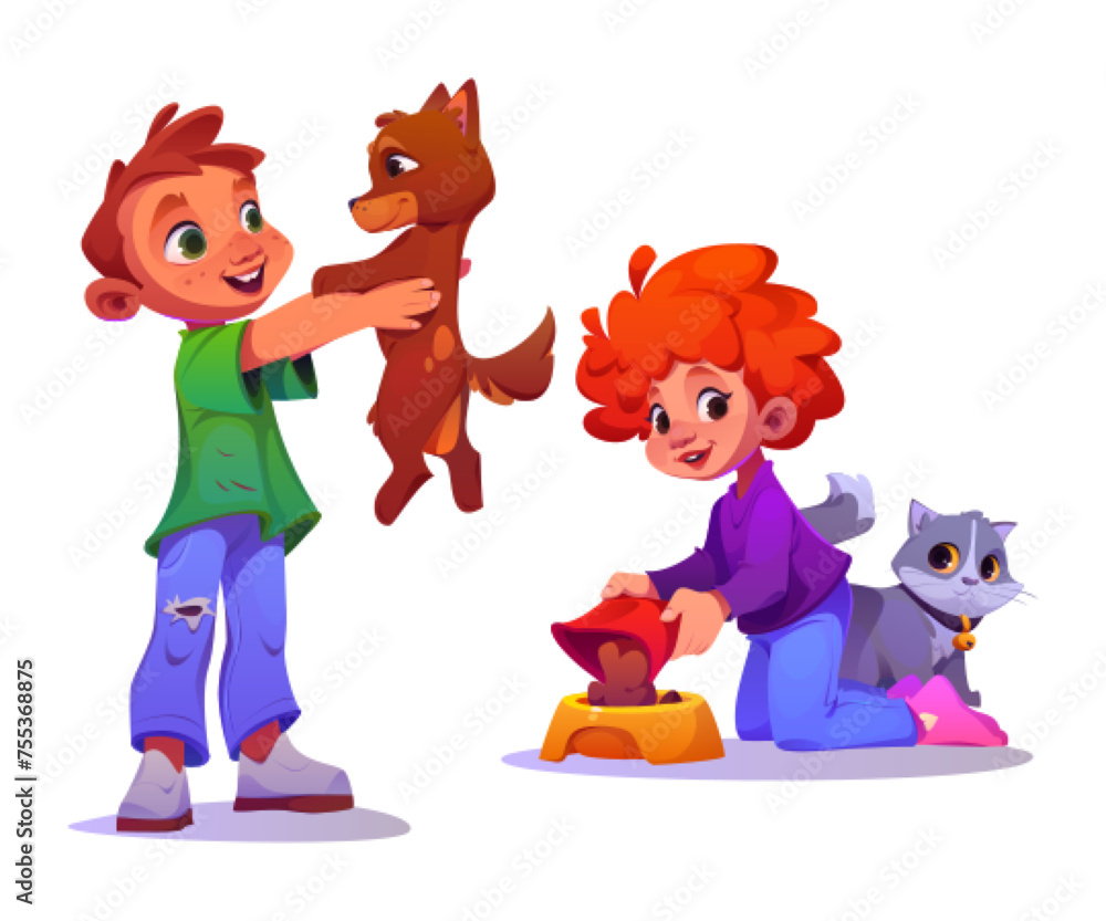 Kids playing with cat and dog pets isolated on white background. Vector ...