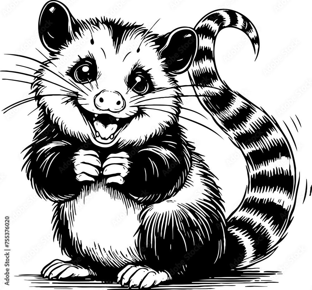 smiling possum sitting with raised front paws vector sketch drawing ...