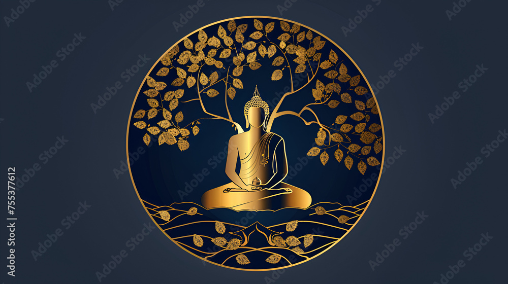 Gold buddha Meditate under Bodhi tree circle on Blue background, Golden ...