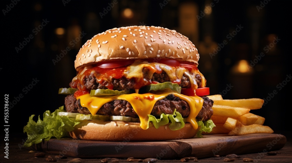 Imagine a feast for the senses featuring a loaded cheeseburger with a ...