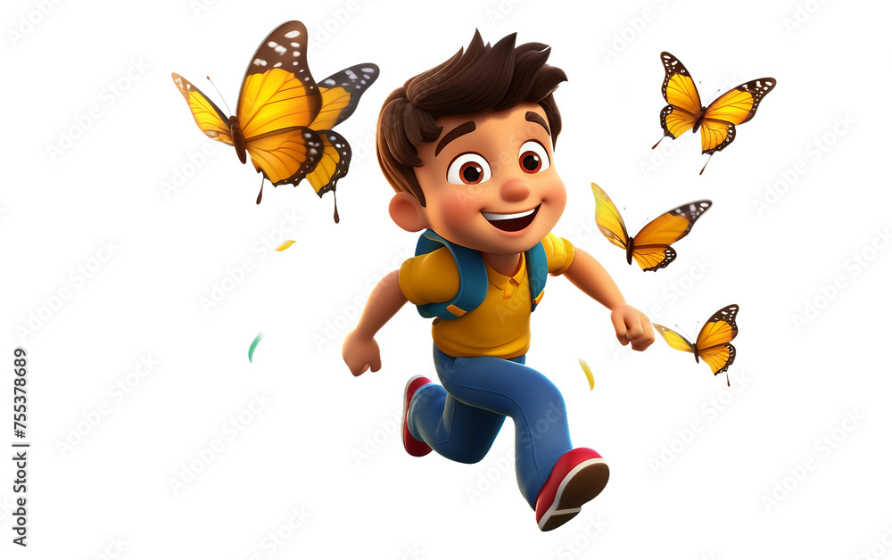 Cartoon Boy Running with Butterflies 3D Cartoon Isolated on Transparent ...