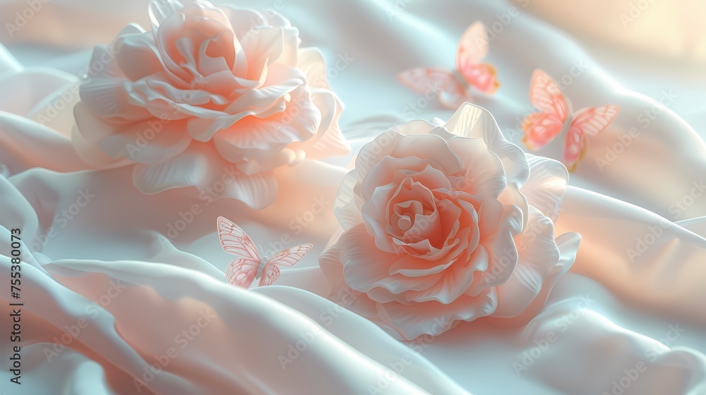 Digital roses and butterflies are shown on white silk abstract graphics poster web page PPT ...